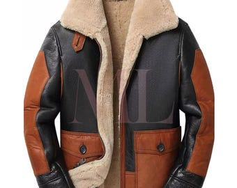 Men's RAF Aviator Real Leather Jacket Coat Bomber B3 Sheep Skin Pilot Flying*fur Winter Real ...