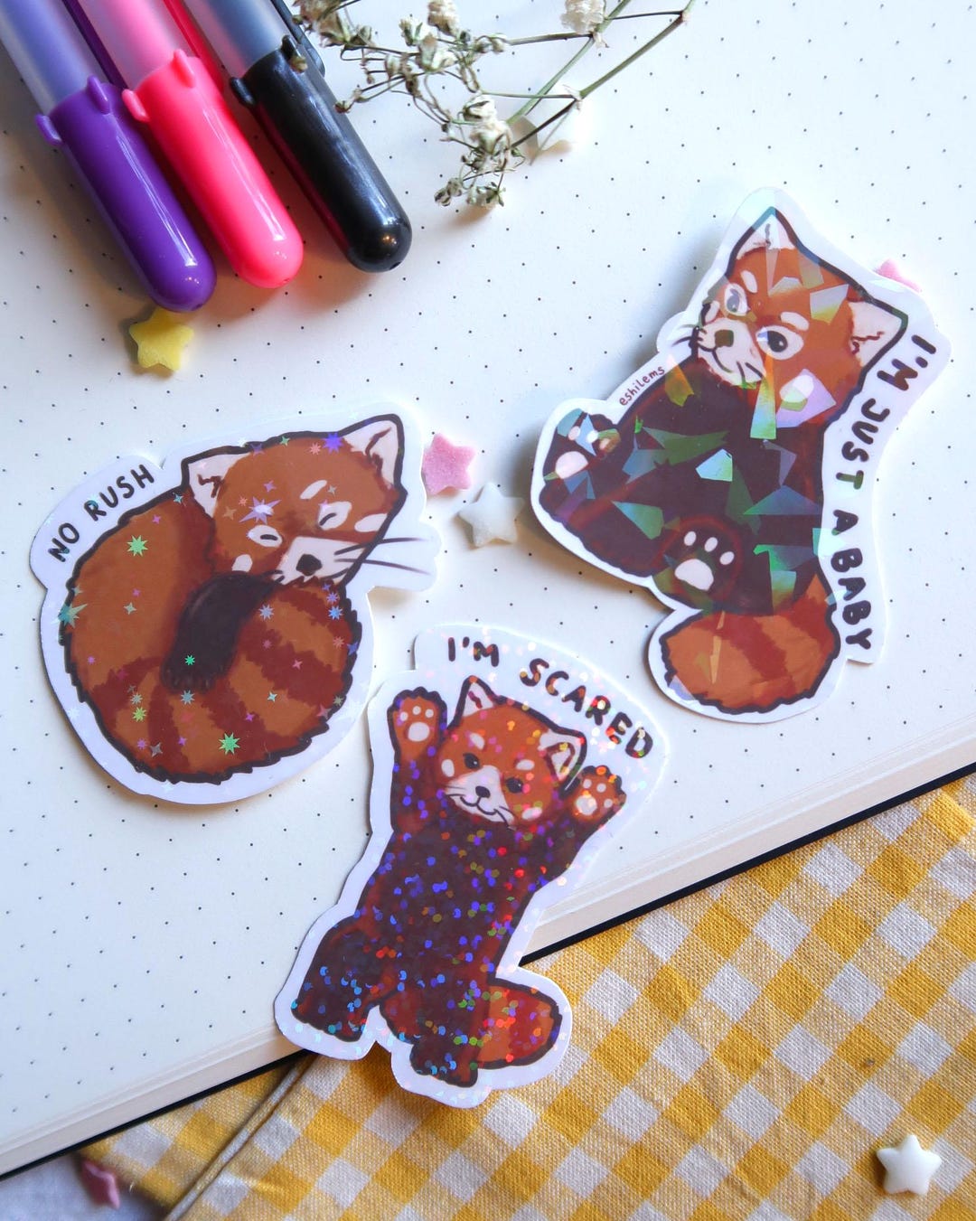Set of 3 Stickers Red Panda | Holo Glitter Sticker | “i’m Scared” – “no ...