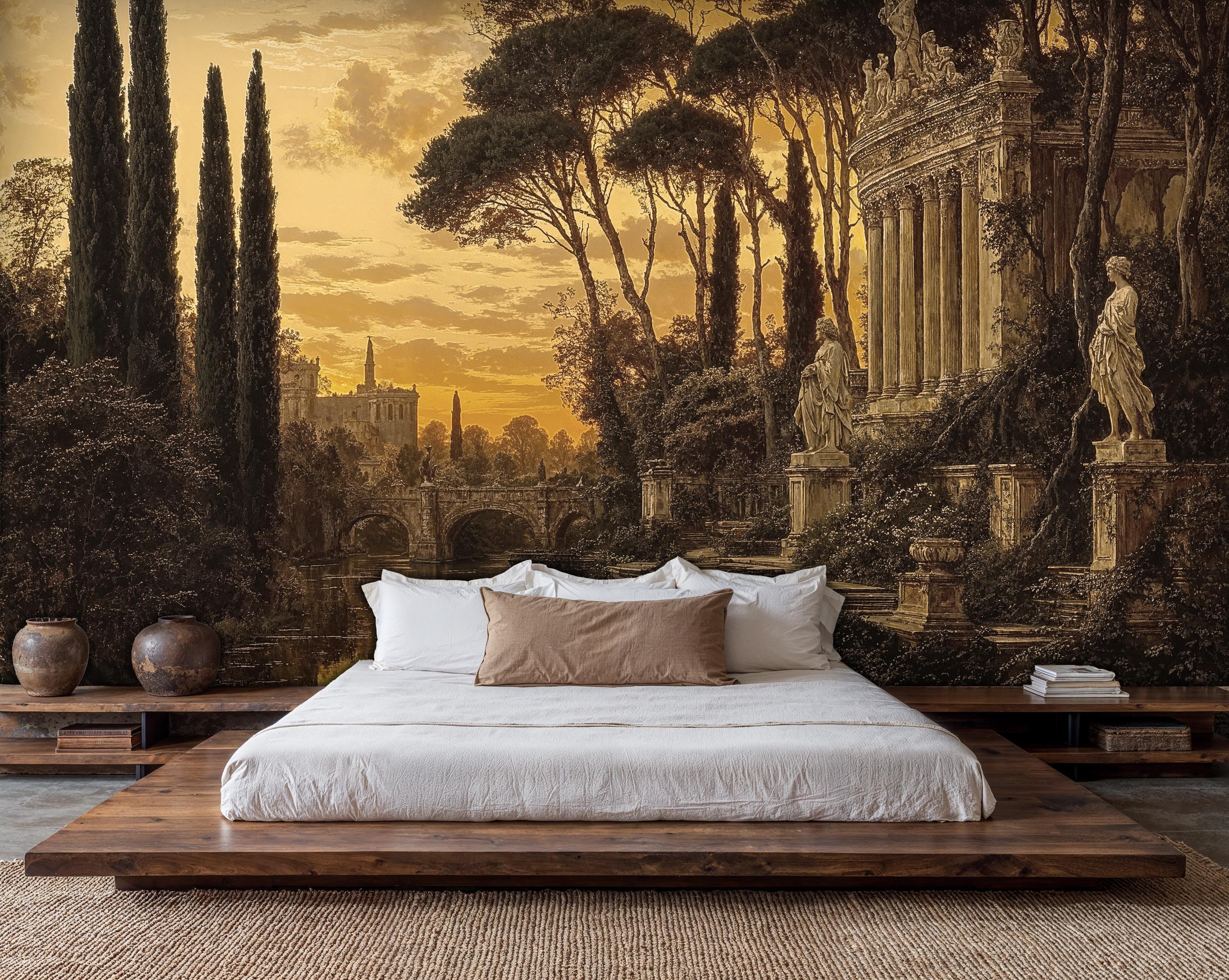 Sepia Landscape Wallpaper Mural: Ancient Ruins, River Scene, Peel and ...