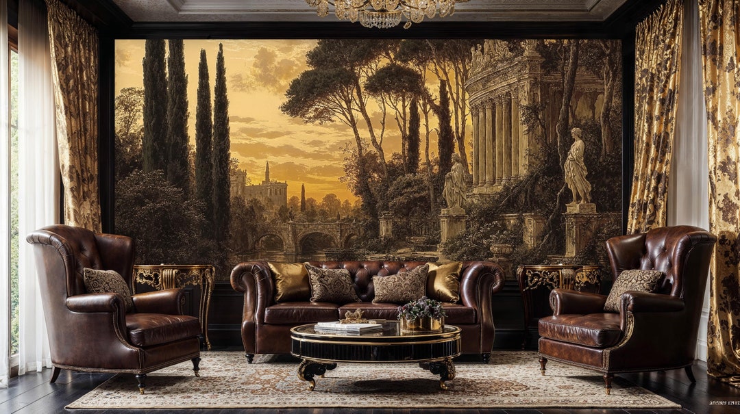 Sepia Landscape Wallpaper Mural: Ancient Ruins, River Scene, Peel and ...
