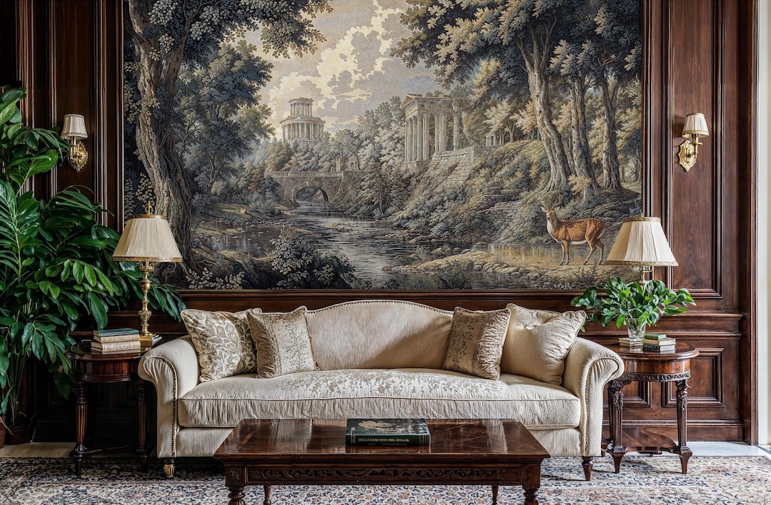 Neoclassical Landscape Wallpaper: Ancient Ruins, River, Deer (peel and ...