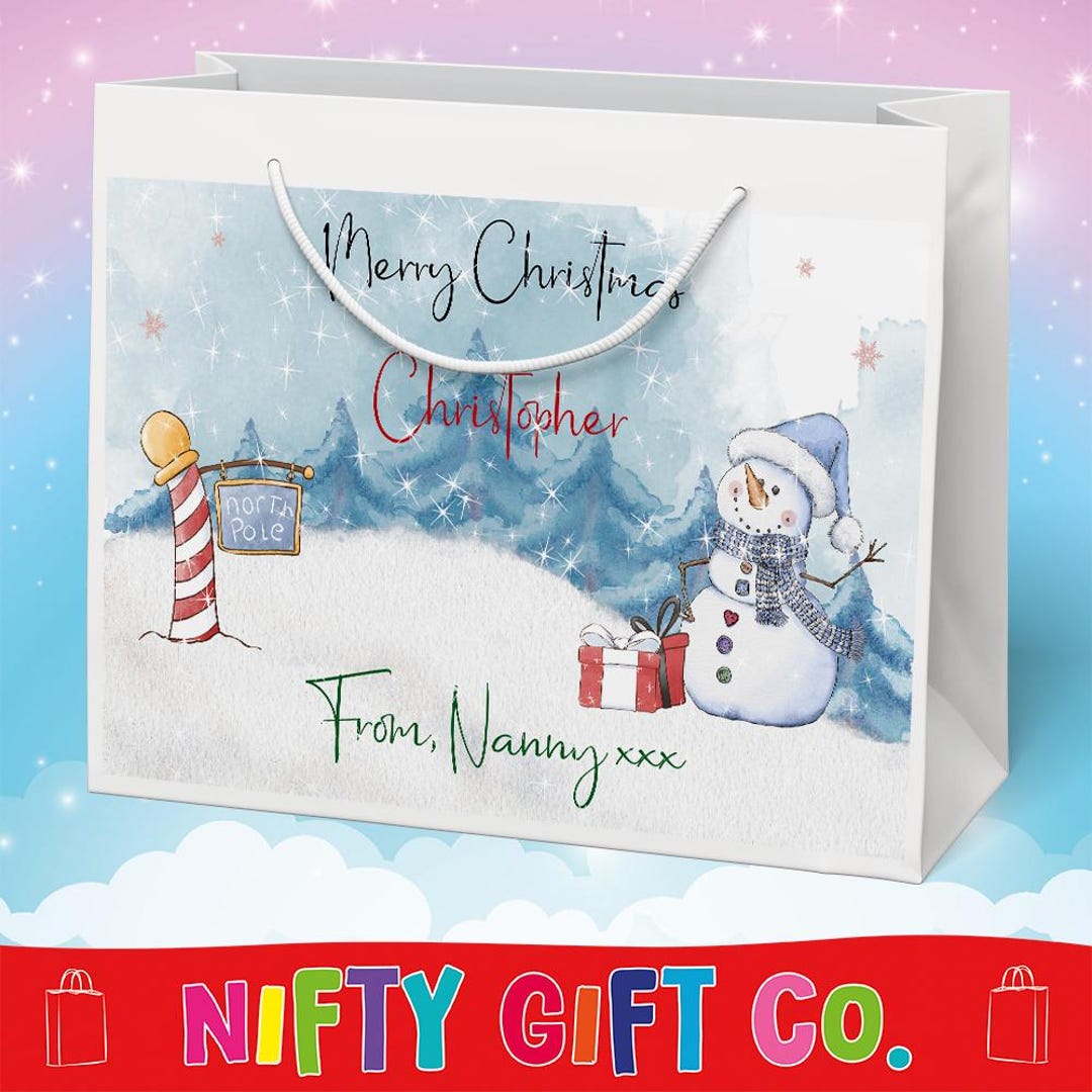 Personalised Paper Bag, Cute Snowman, North Pole, Christmas Gift Bag ...