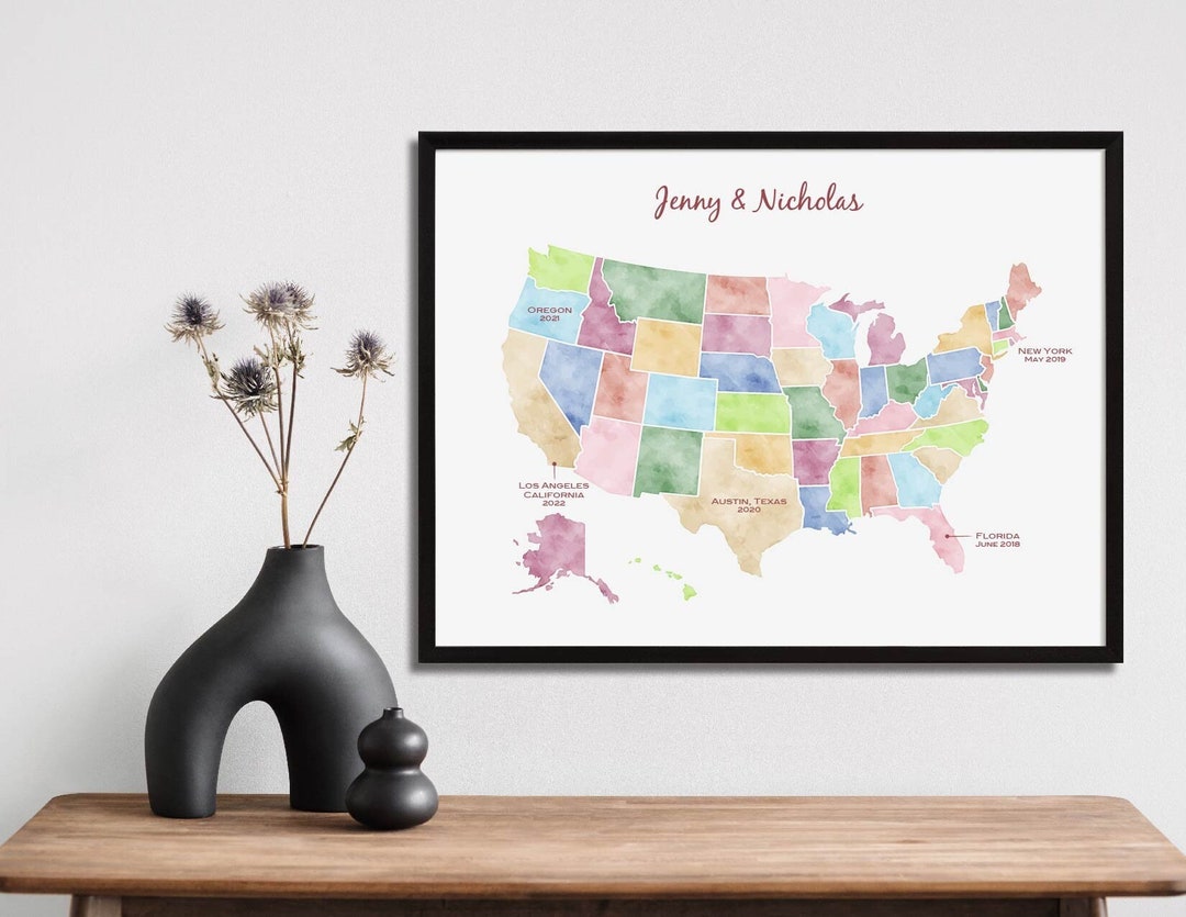 Personalized Custom US Map. Watercolor Style. Celebrate Your ...