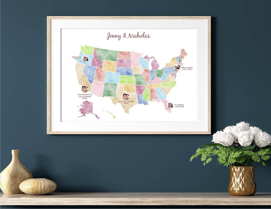 Personalized Custom US Map. With Photos. Watercolor Style. Celebrate ...