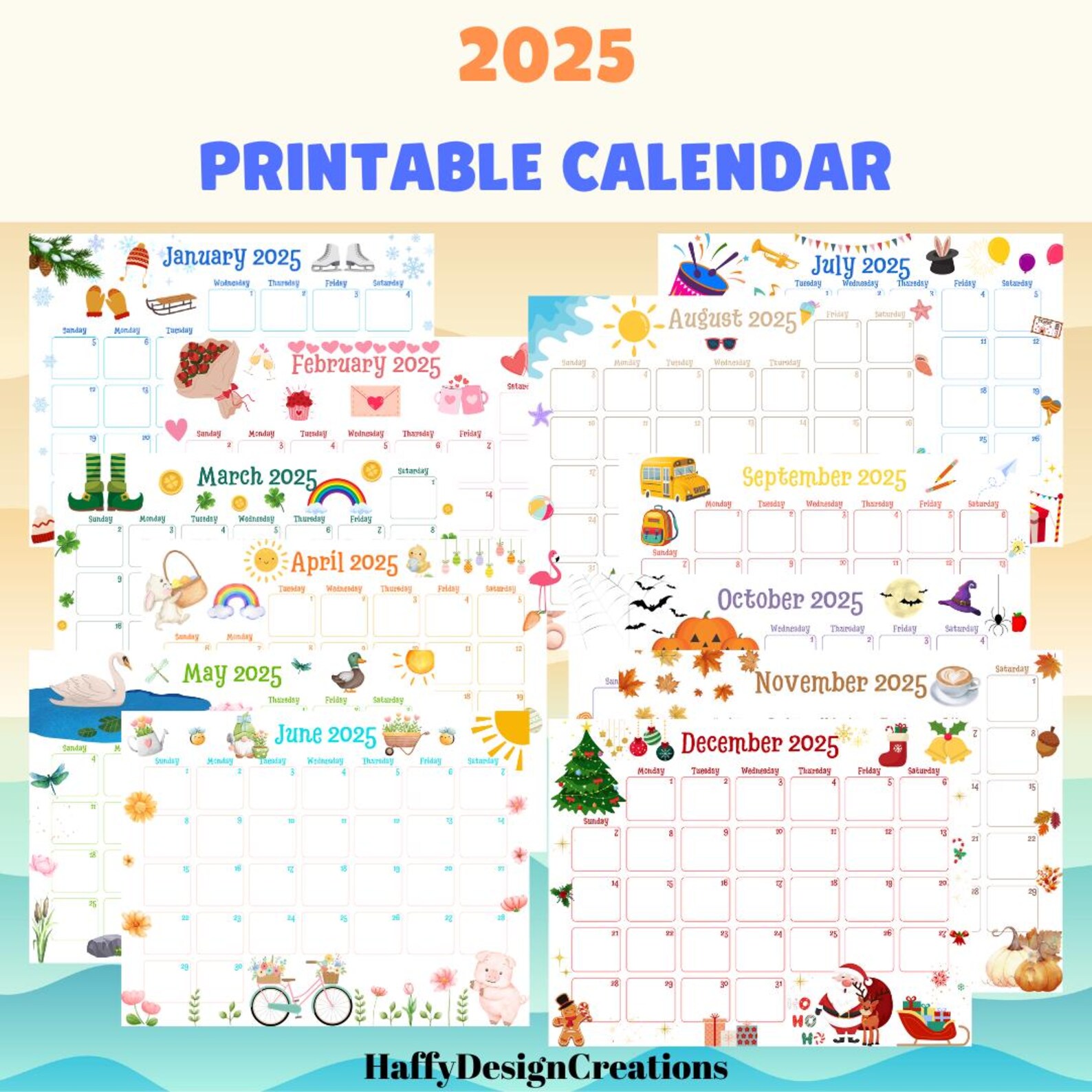 2025 Calendar Printable, Wall Calendar PDF, Cute Kids Calendar 2025 ...