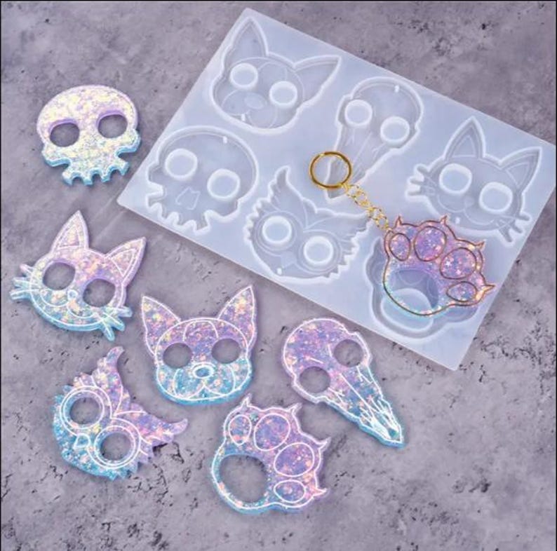 Cat Keychain Resin Mold Cute Skull & Paw Silicone Mold Owl Keychain ...