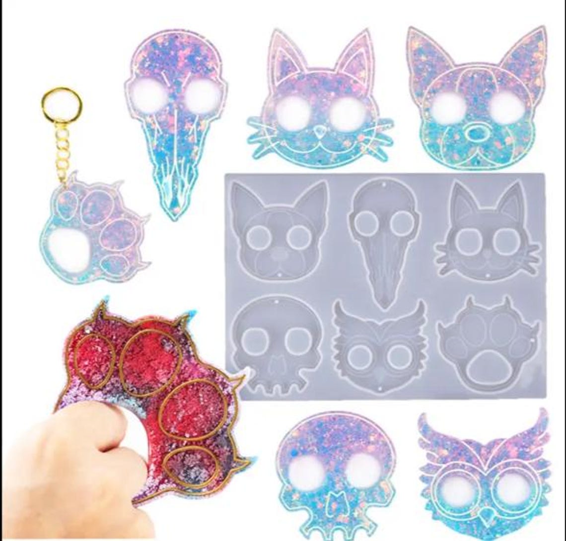 Cat Keychain Resin Mold Cute Skull & Paw Silicone Mold Owl Keychain ...