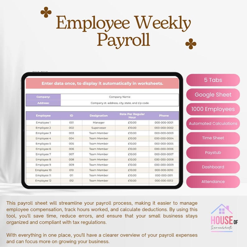 Weekly Employee Payroll | Google Sheets | Payroll Calculator | Timecard ...