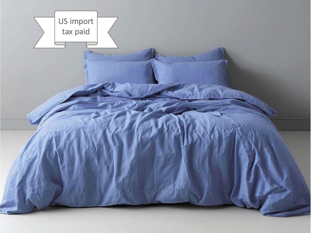 Cornflower Blue Linen Bedding Set, 1 Duvet Cover + 2 Pillowcases ...