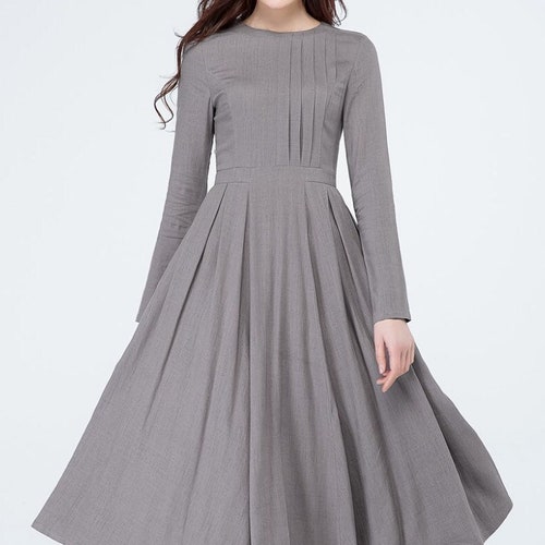 Gray Dress Women Crew Neck Linen Dress Long Sleeve Linen Etsy
