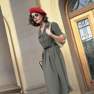 Military-inspired Dress, Army Green Midi Shirt Dress for Women, A-line ...