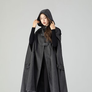 Dark Gray Wool Cape Coat for Women, Plus Size Wool Cape Coat, Autumn ...