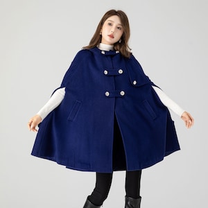 Women's Winter Blue Wool Hooded Wool Cape Coat, Plus Size Cape Coat ...