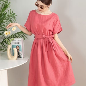Pink Linen Dress, Womens Midi Dress, Swing Linen Dress With Pockets ...