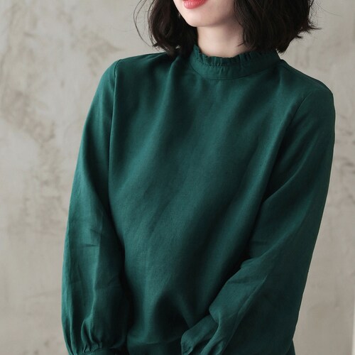 Green Linen Blouse Long Sleeve Linen Blouse Loose Linen Top - Etsy
