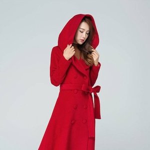 Red Long Wrap Wool Coat, Hooded Wool Coat, Long Trench Coat, Winter ...