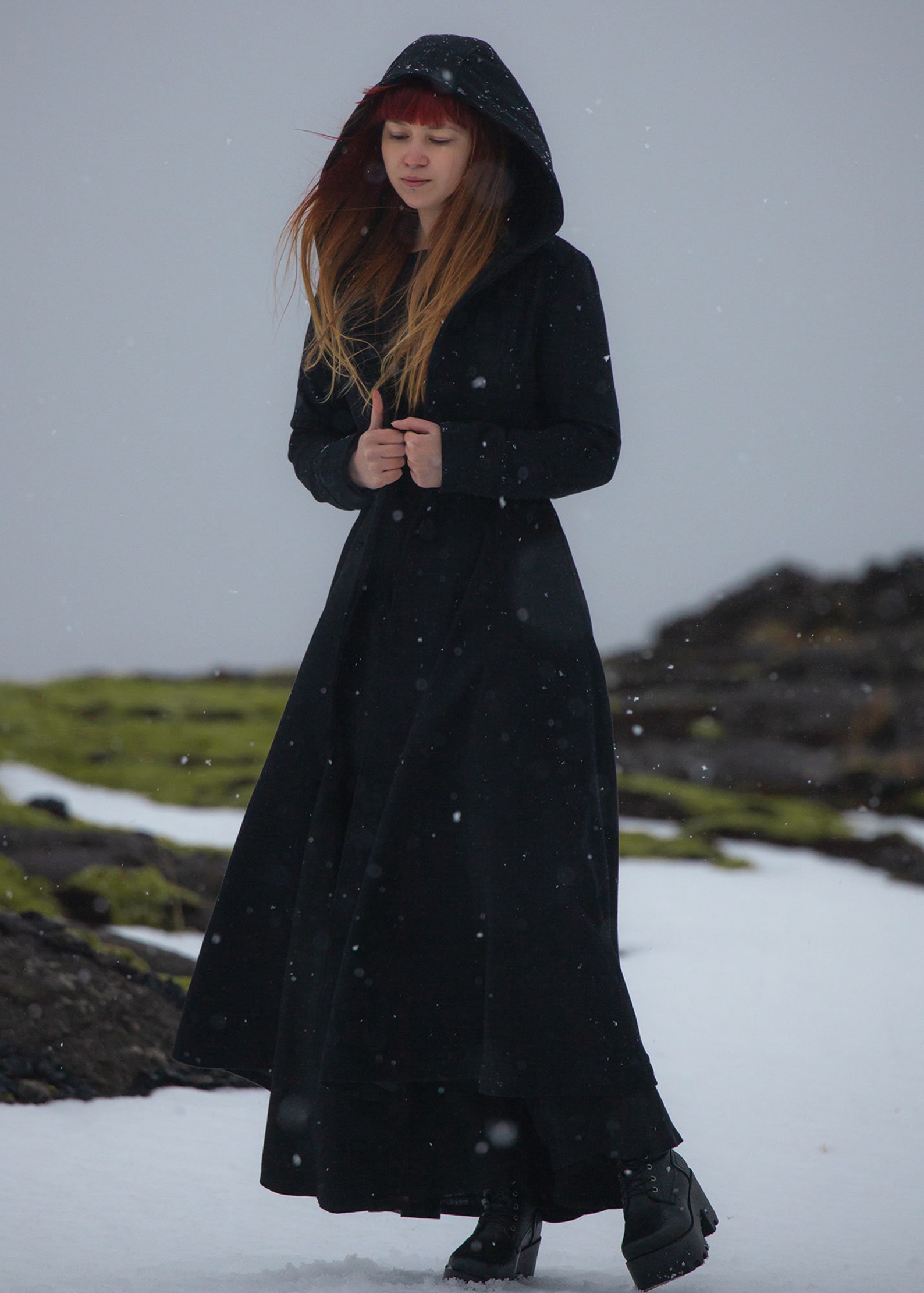 Long Wool Maxi Coat Black Wool Coat Women Swing Wool Hooded - Etsy