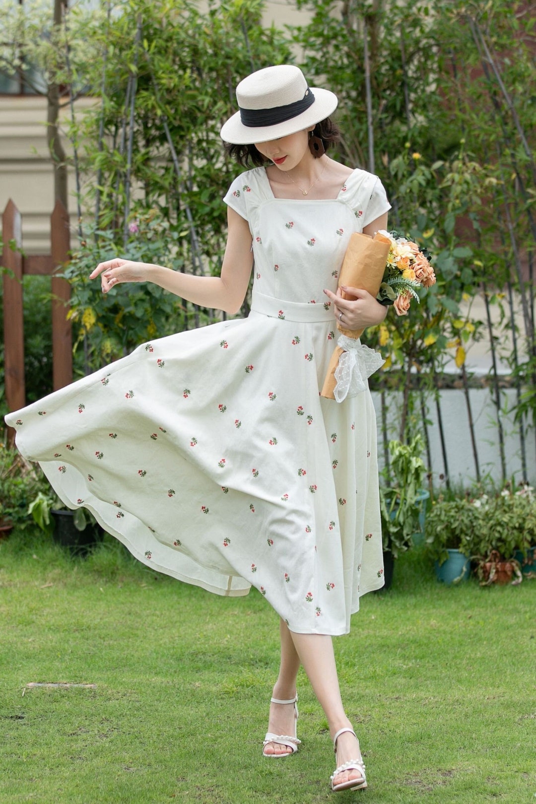 Floral Linen Dress, Wedding Guest Dress, Women Midi Dress, Bridesmaid ...