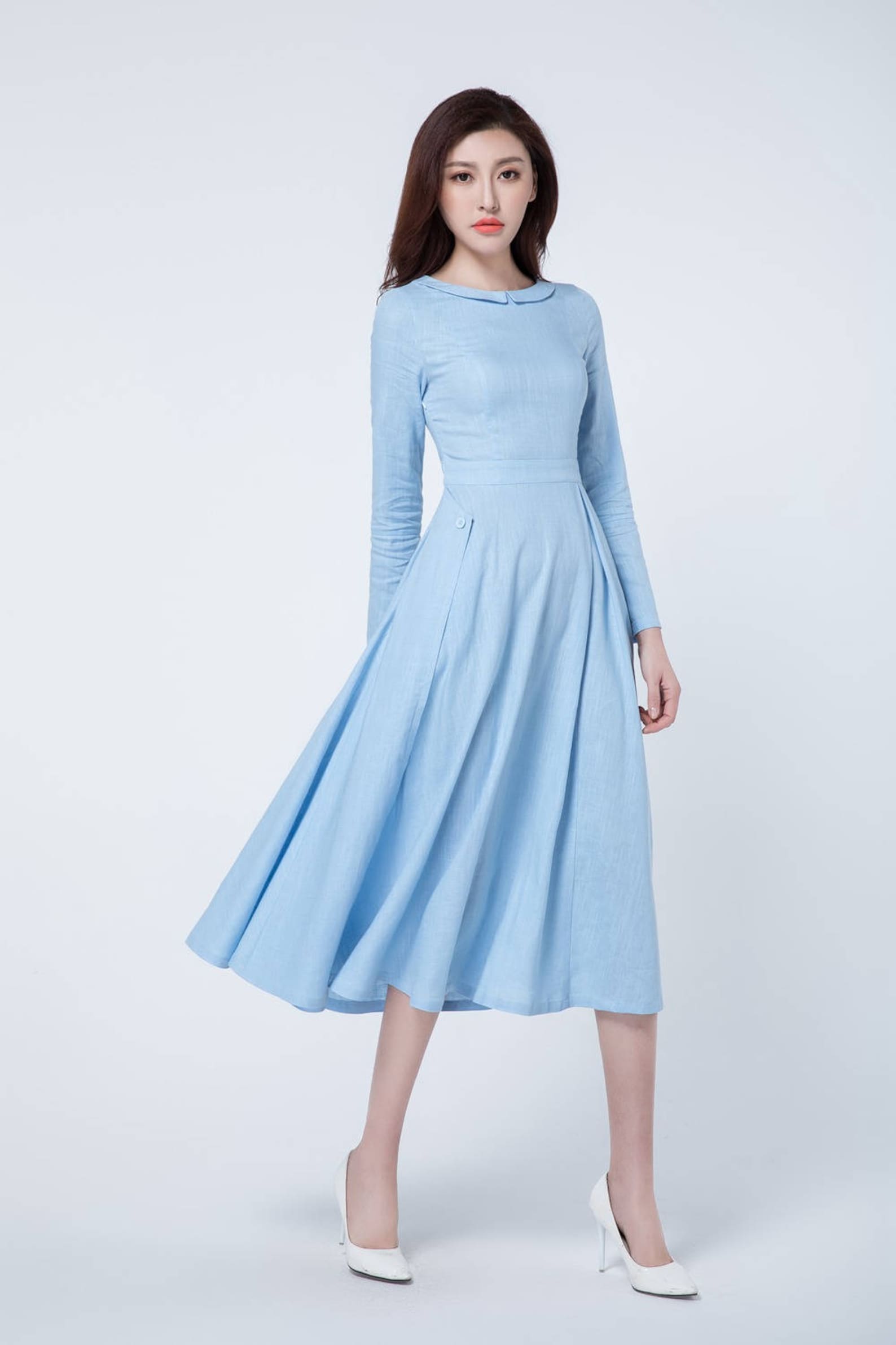 Light Blue Dress, Midi Dress, Pleated Dress, Spring Dress, Long Sleeves ...
