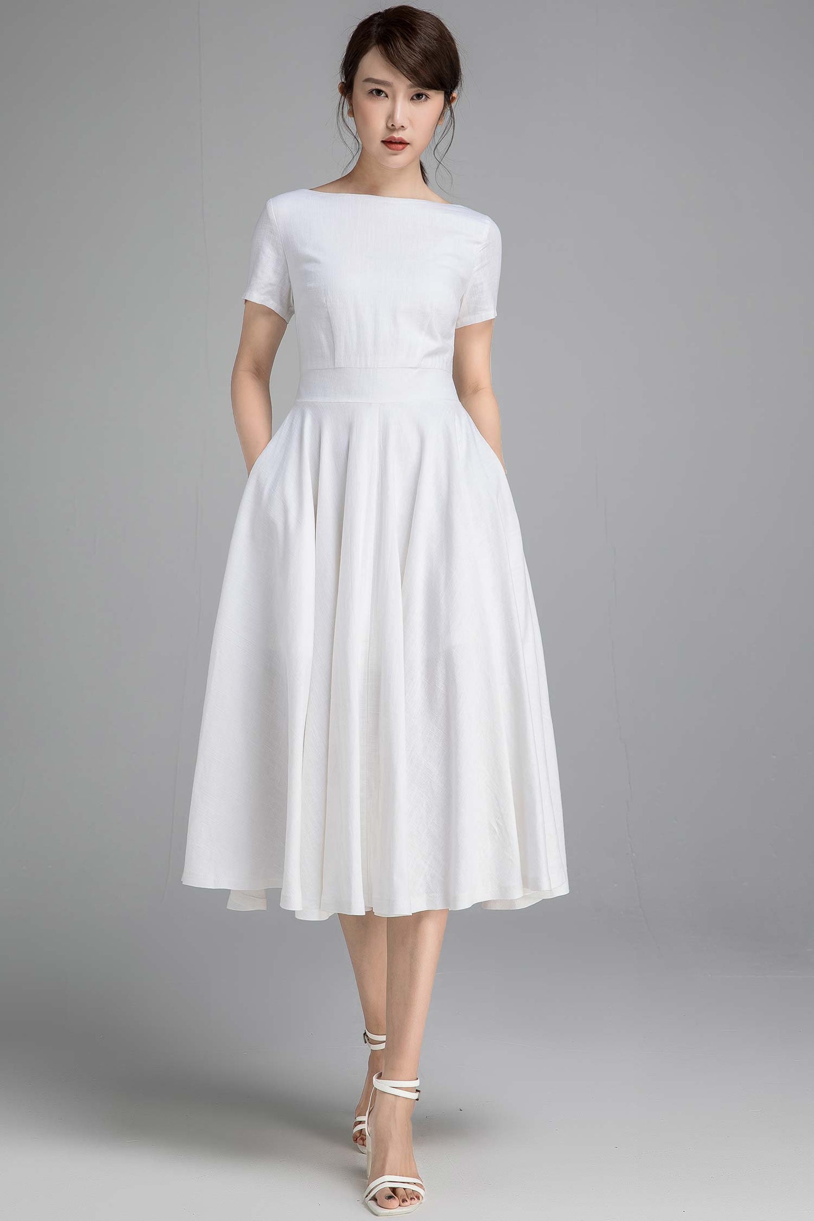 White Dress Women, Simple Wedding Dress, Short Sleeve Linen Midi Dress ...