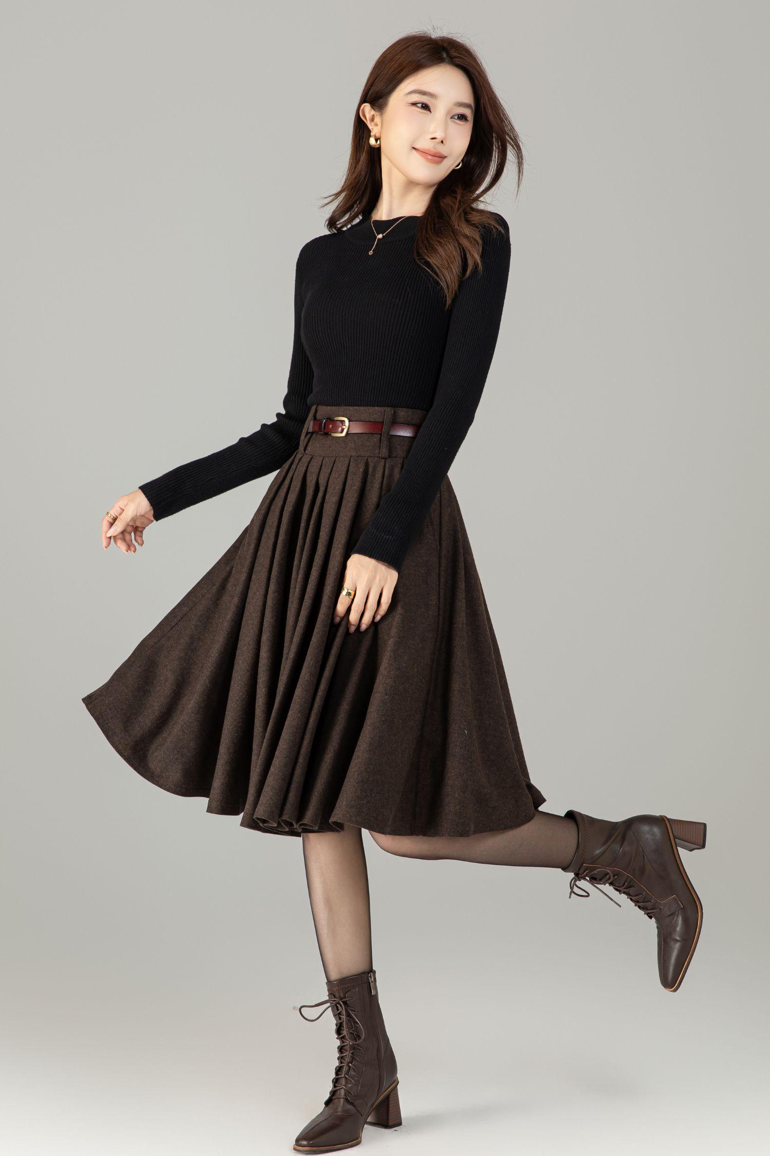 High Waisted Brown Wool Skirt: Pleated Midi Skater Skirt, Custom ...