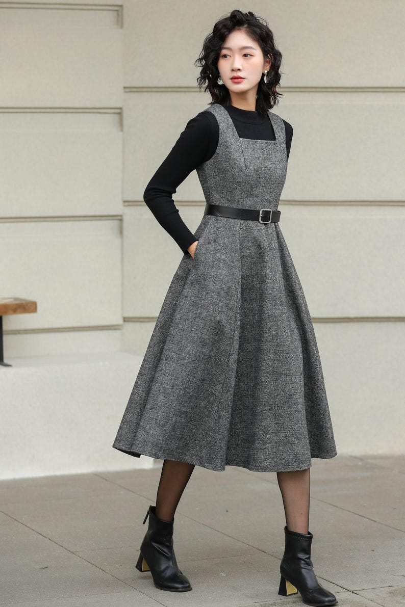 Vintage Inspired Wool Pinafore Dress: Grey Tweed A-line Midi, Custom ...