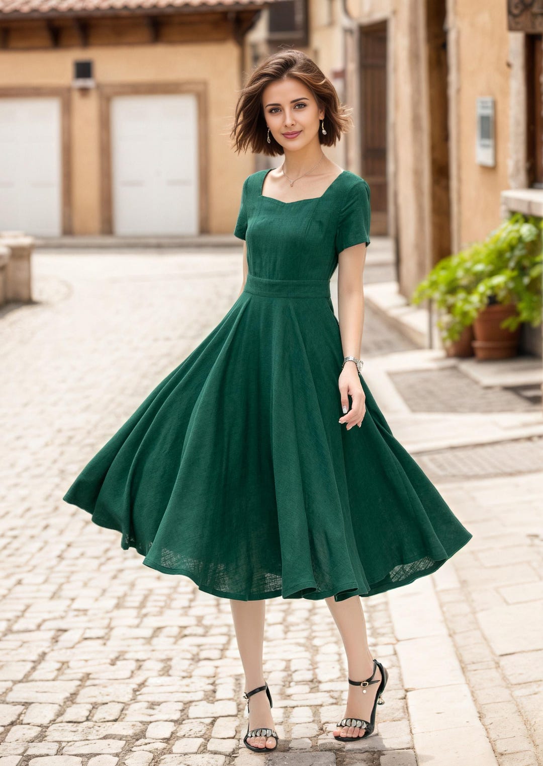 Family Gathering Dress, Linen Green Midi Women Dress, A-line Summer ...