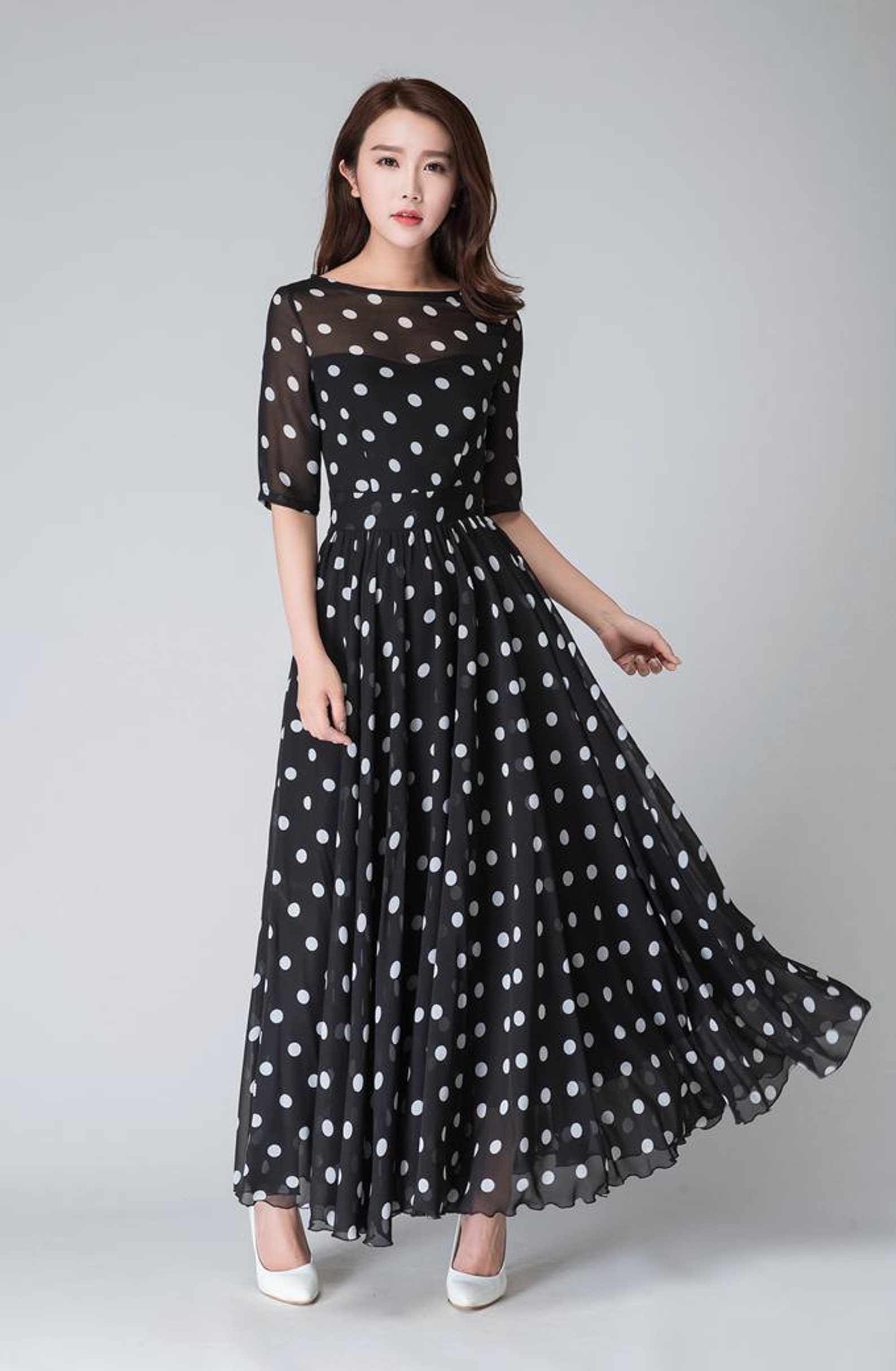 Black And White Polka Dot Maxi Dress Vintage Style Long Swing Etsy