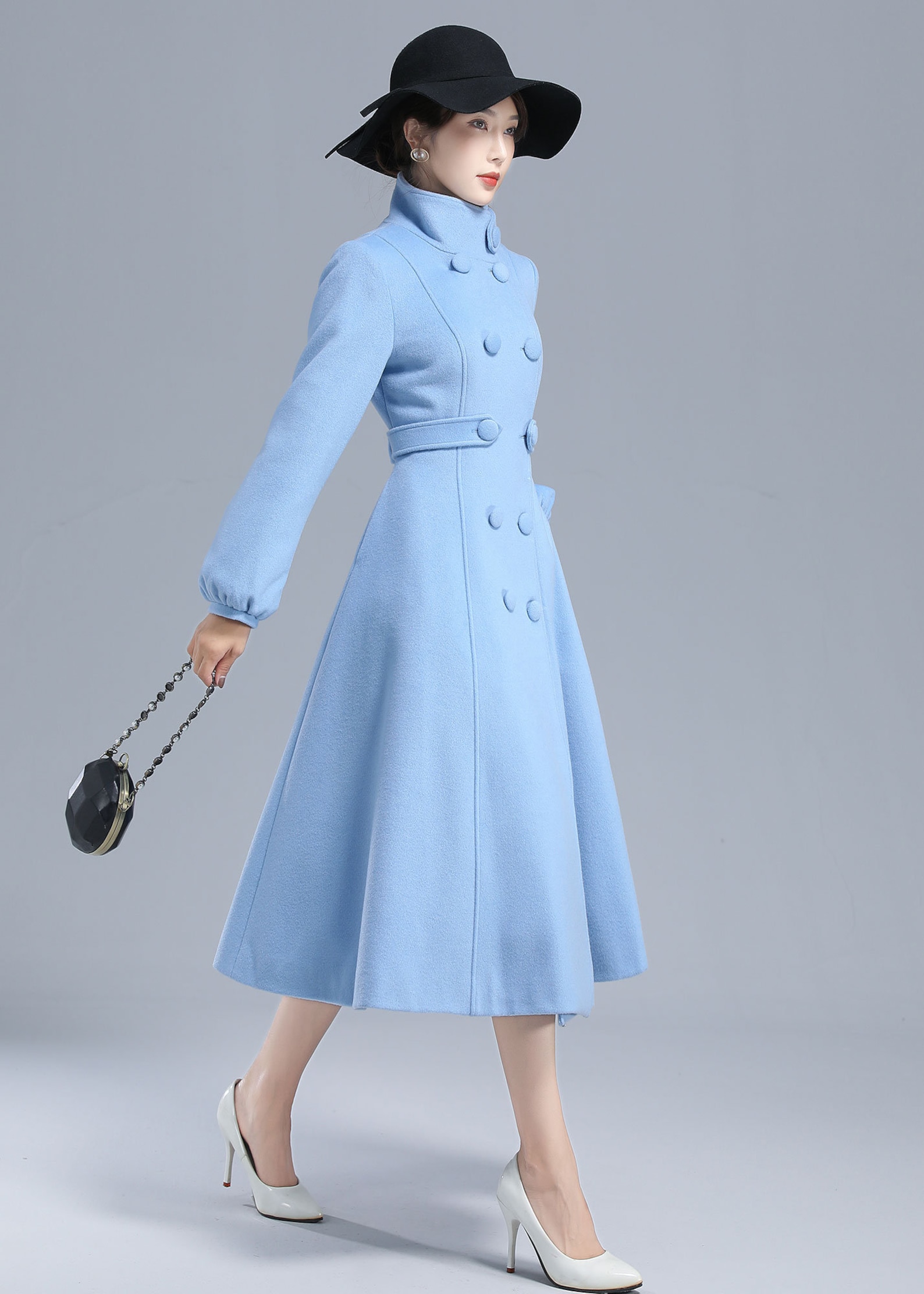 Double Breasted Wool Coat, Light Blue Wool Coat, Warm Winter Wool Coat ...