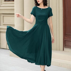 Elegant Deep Green Midi Dress, Flattering A-line Fit Dress, Handcrafted ...