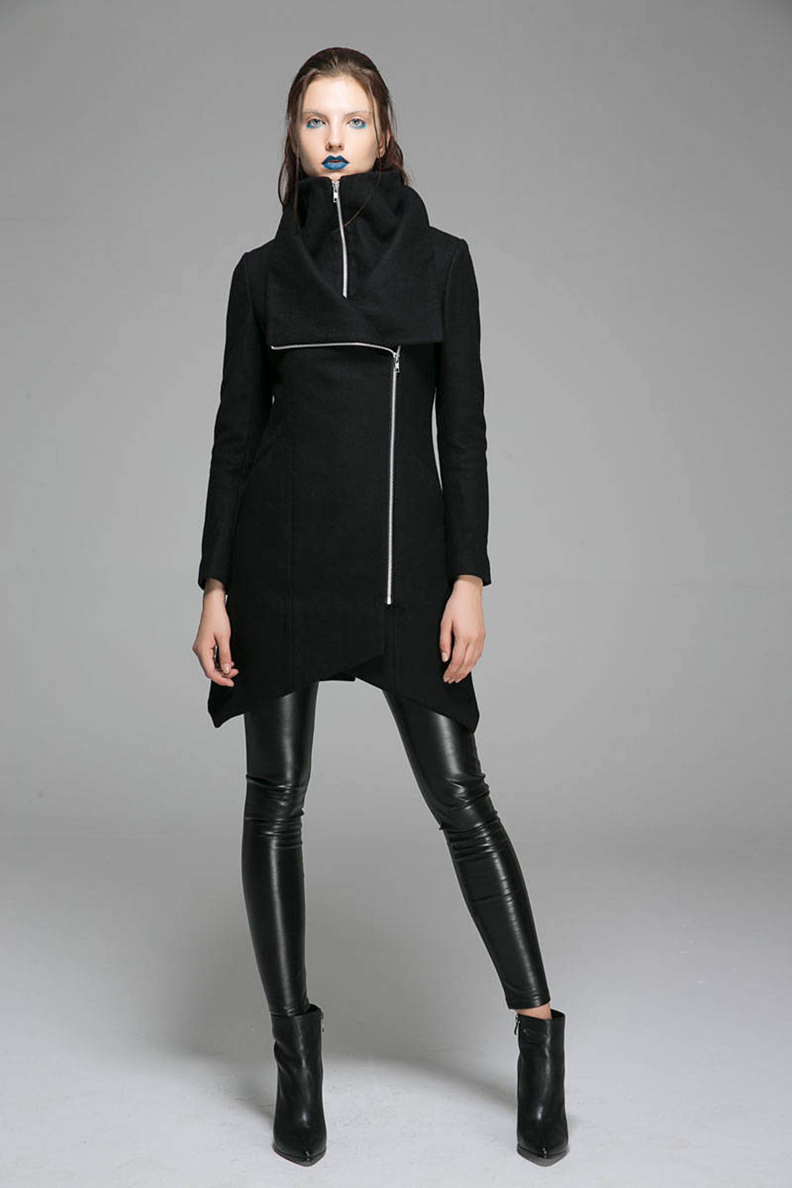 Women Black Asymmetrical Wool Jackets & Coats, Modern Warm Winter Coat ...