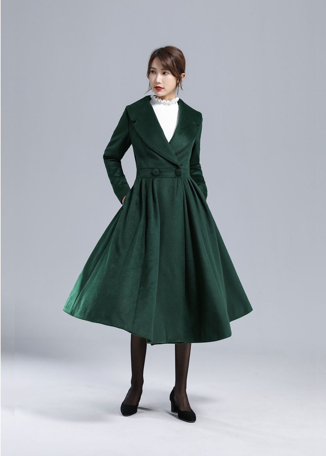 Dark Green Wool Princess Coat, Long Wool Coat, Fit and Flare Coat, Wool ...