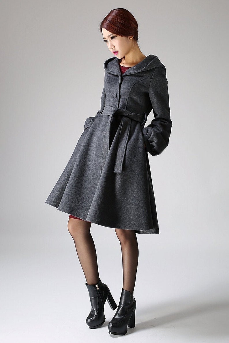 Long Sleeve Hooded Swing Coat, Winter Wool Coat, Hooded Wool Coat, Gray ...