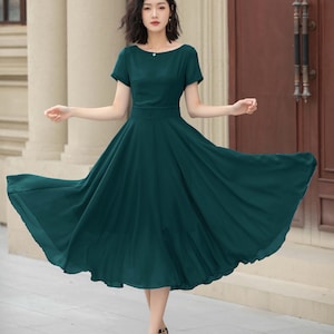 Elegant Deep Green Midi Dress, Flattering A-line Fit Dress, Handcrafted ...