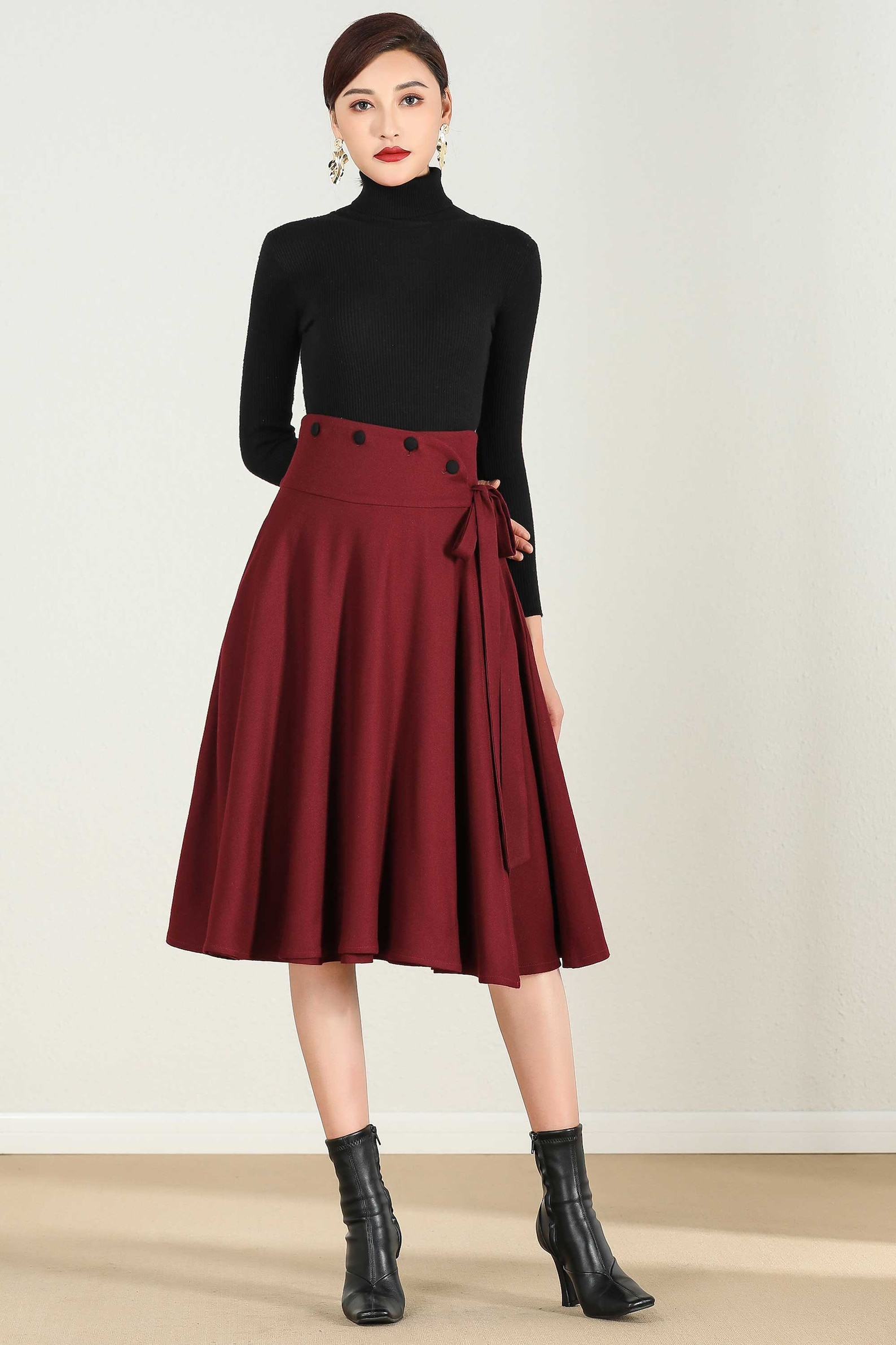 High Waisted Skater Skirt in Red, Wool Skirt, Wide Waistband Midi Skirt ...