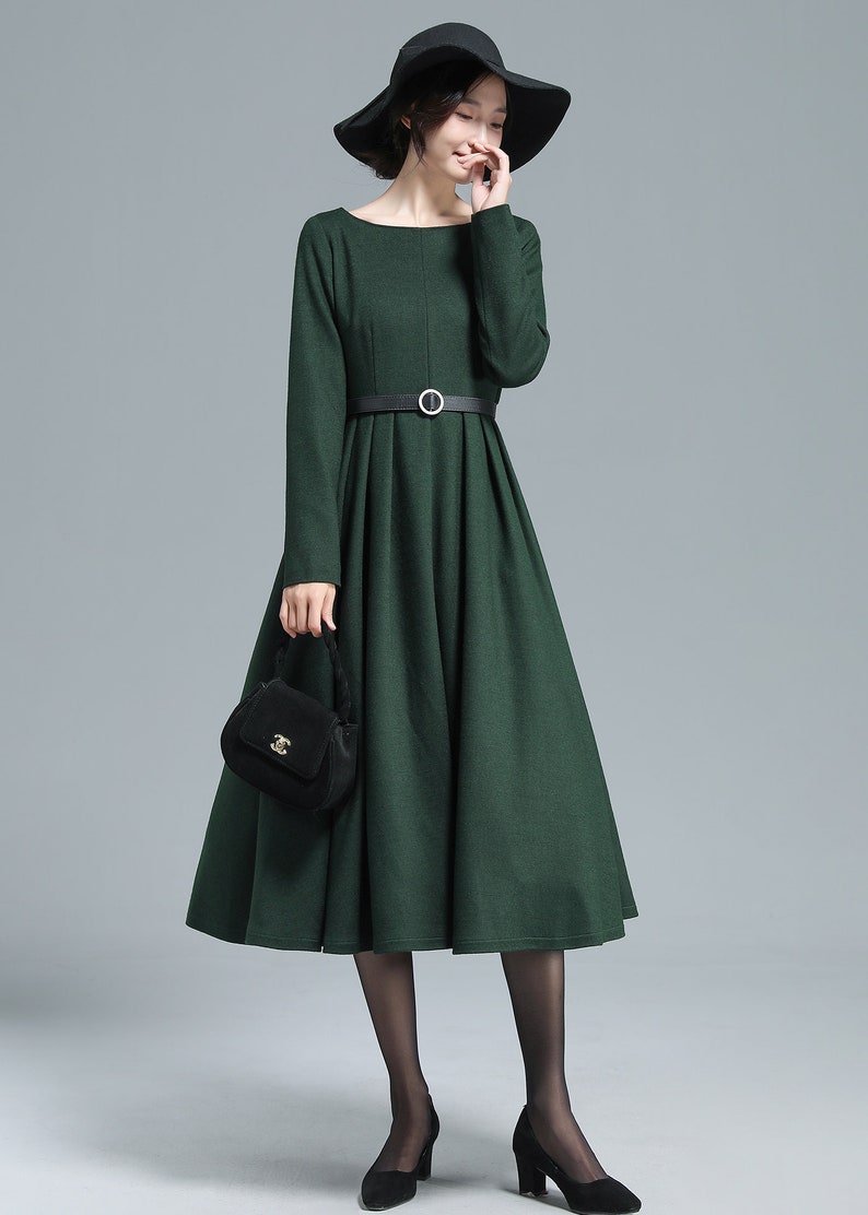 Green Winter Wool Dress Women Wool Midi Dress Long Sleeve | Etsy