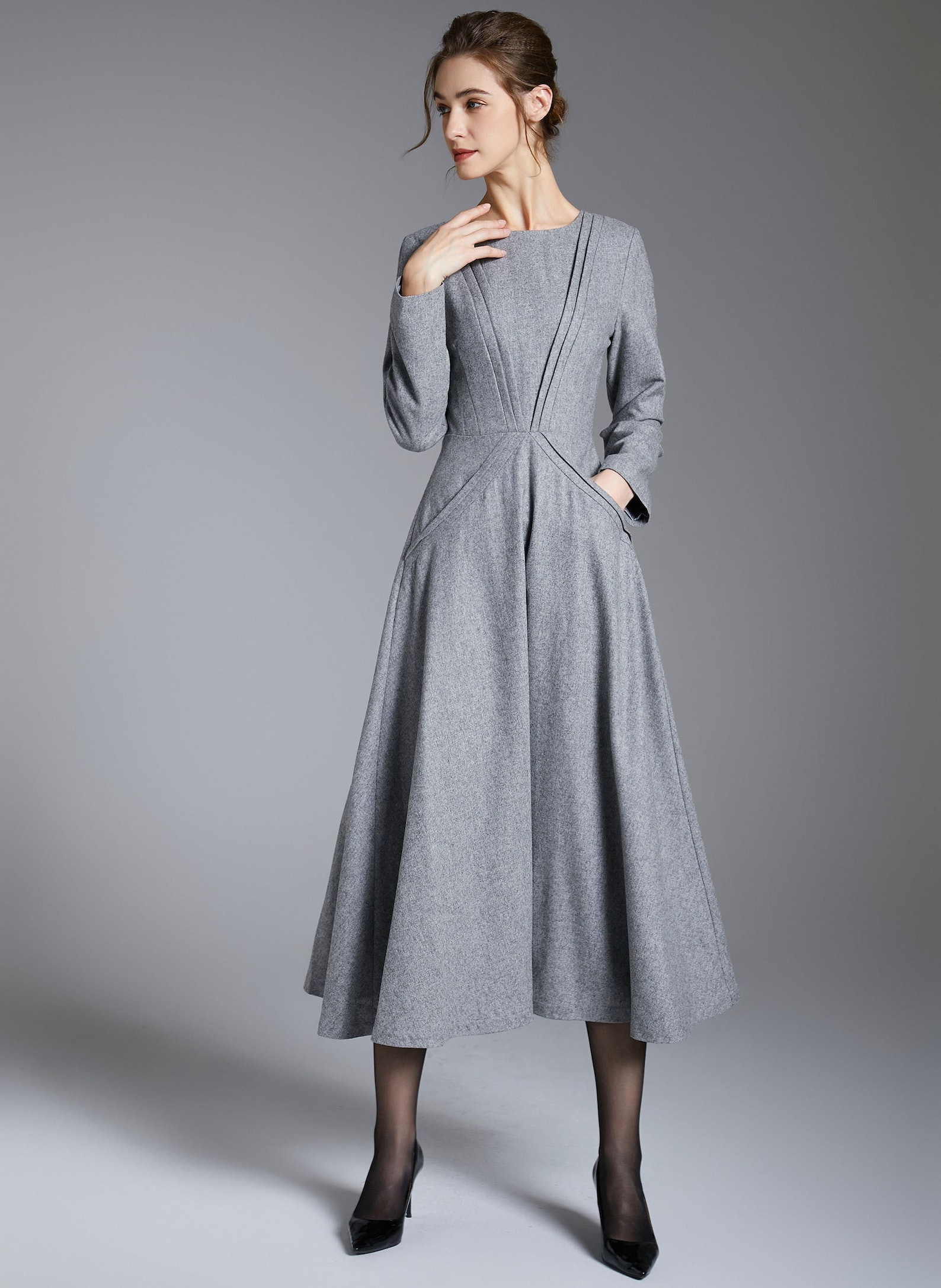 Wool Dress Gray Wool Midi Dress A-line Wool Dress Long - Etsy