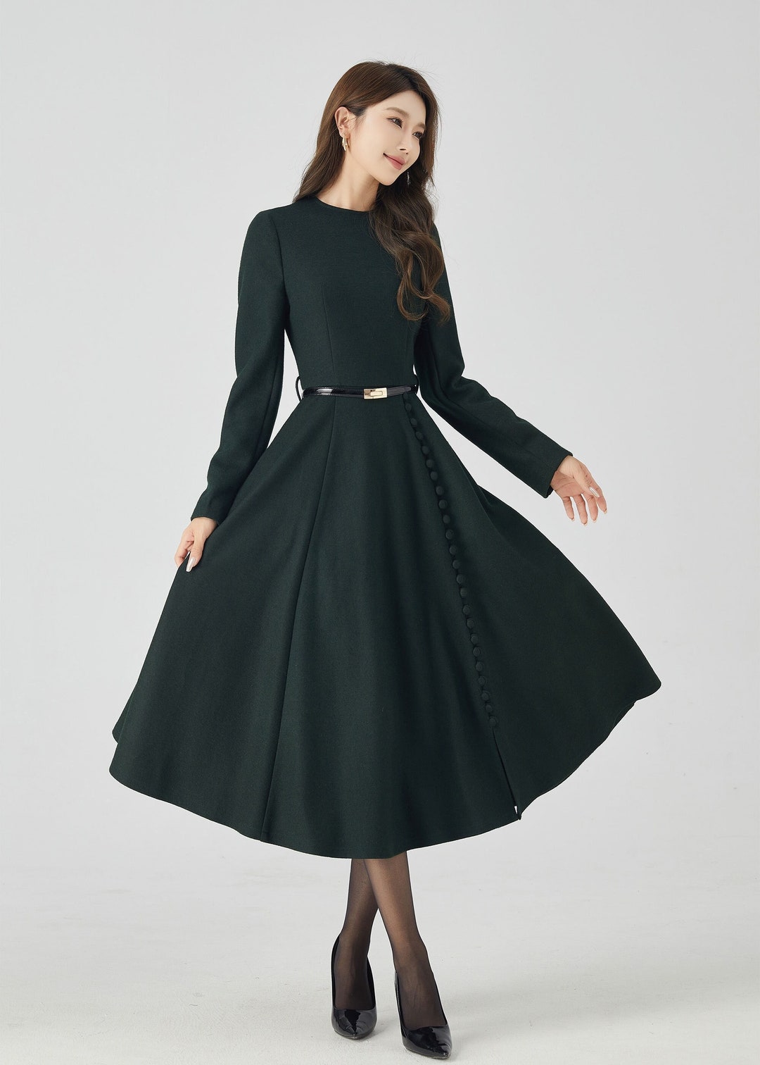 Dark Green Long Wool Dress, Wool Midi Dress, Winter Wool Dress, Womens ...