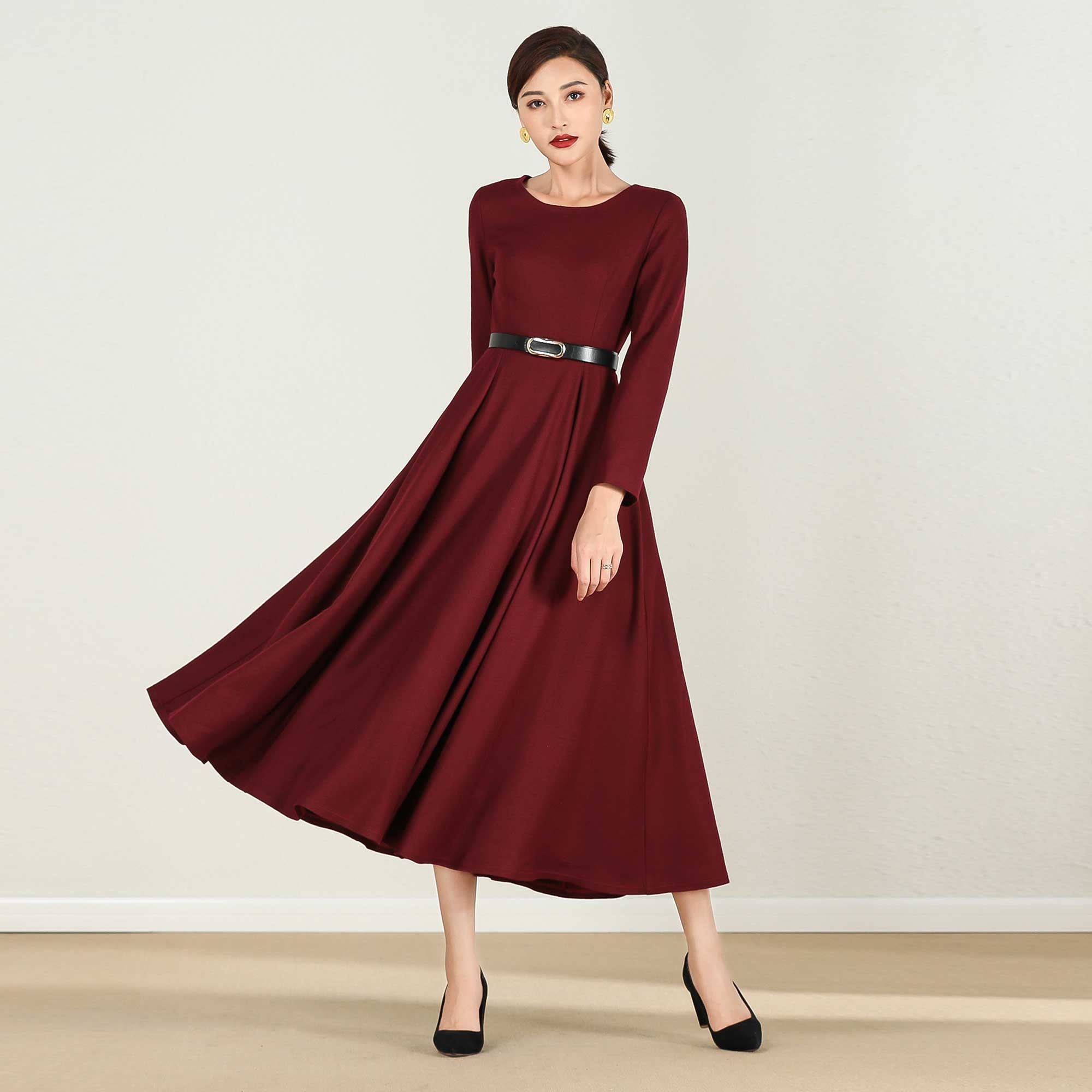Burgundy Wool Dress Long Sleeve Wool Dress Long Wool Dress - Etsy Denmark