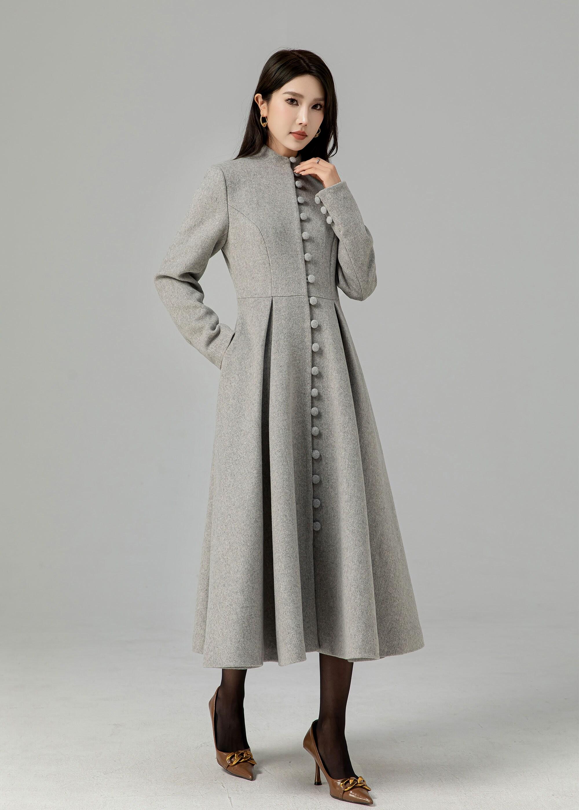 Long Wool Coat, Grey Wool Coat, Single Breasted Wool Coat, A Line Wool ...