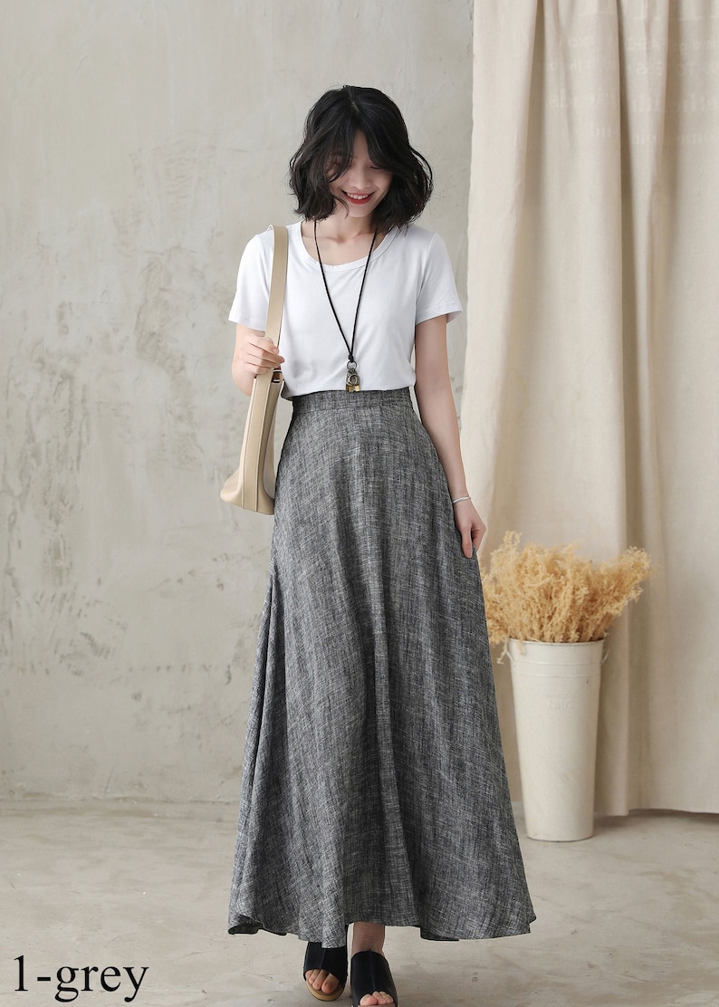 Long Linen Skirt, Grey Linen Maxi Skirt With Pockets, A Line Full Skirt ...