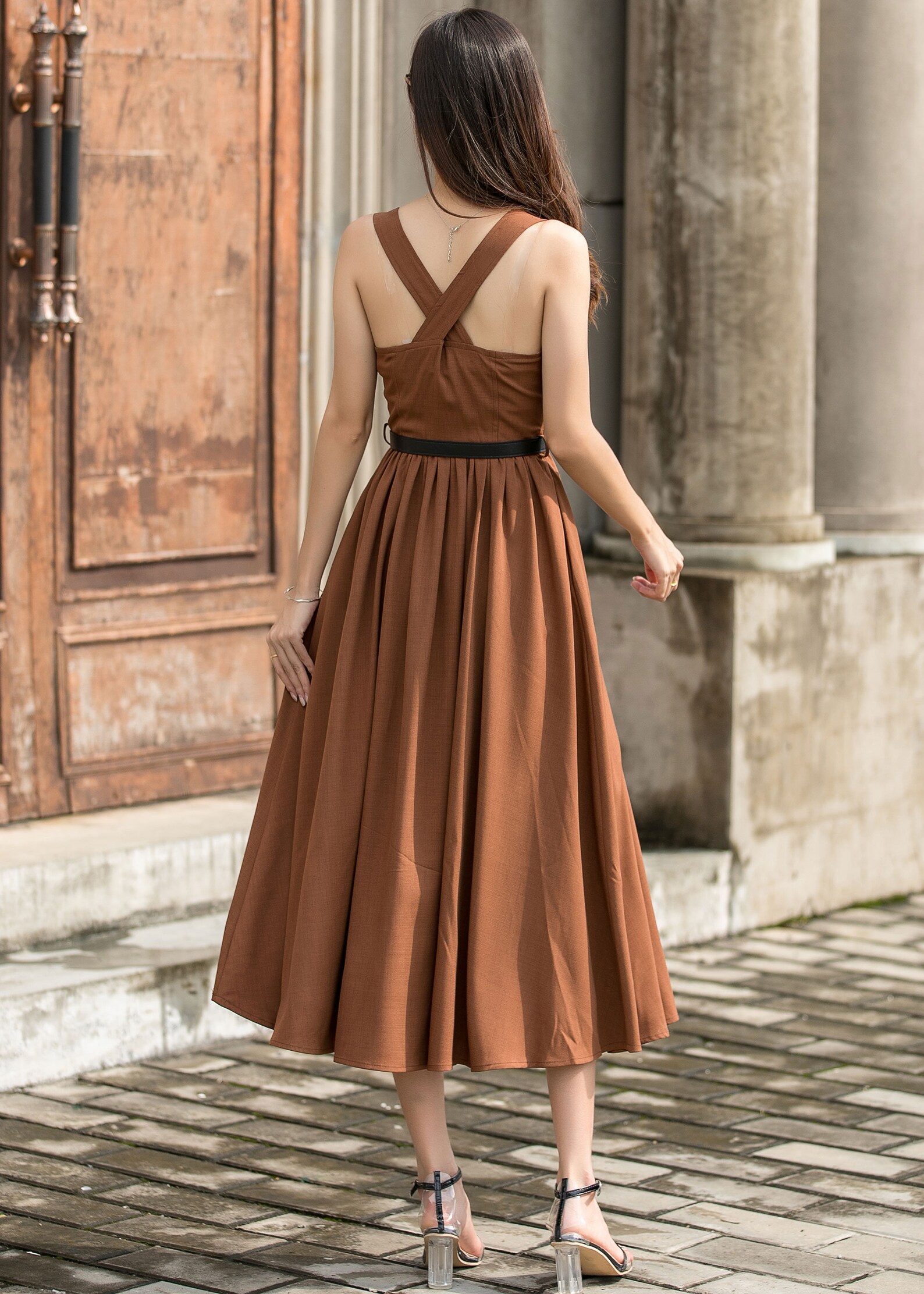 Brown Midi Pinafore Dress, Button up Dress, Women's Summer Pleated Fit ...