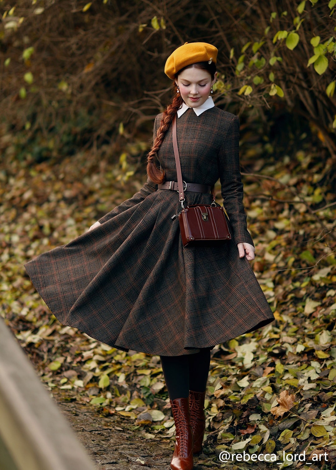 Wool Dress, Plaid Midi Wool Dress, Swing Wool Dress, Long Sleeve Wool ...