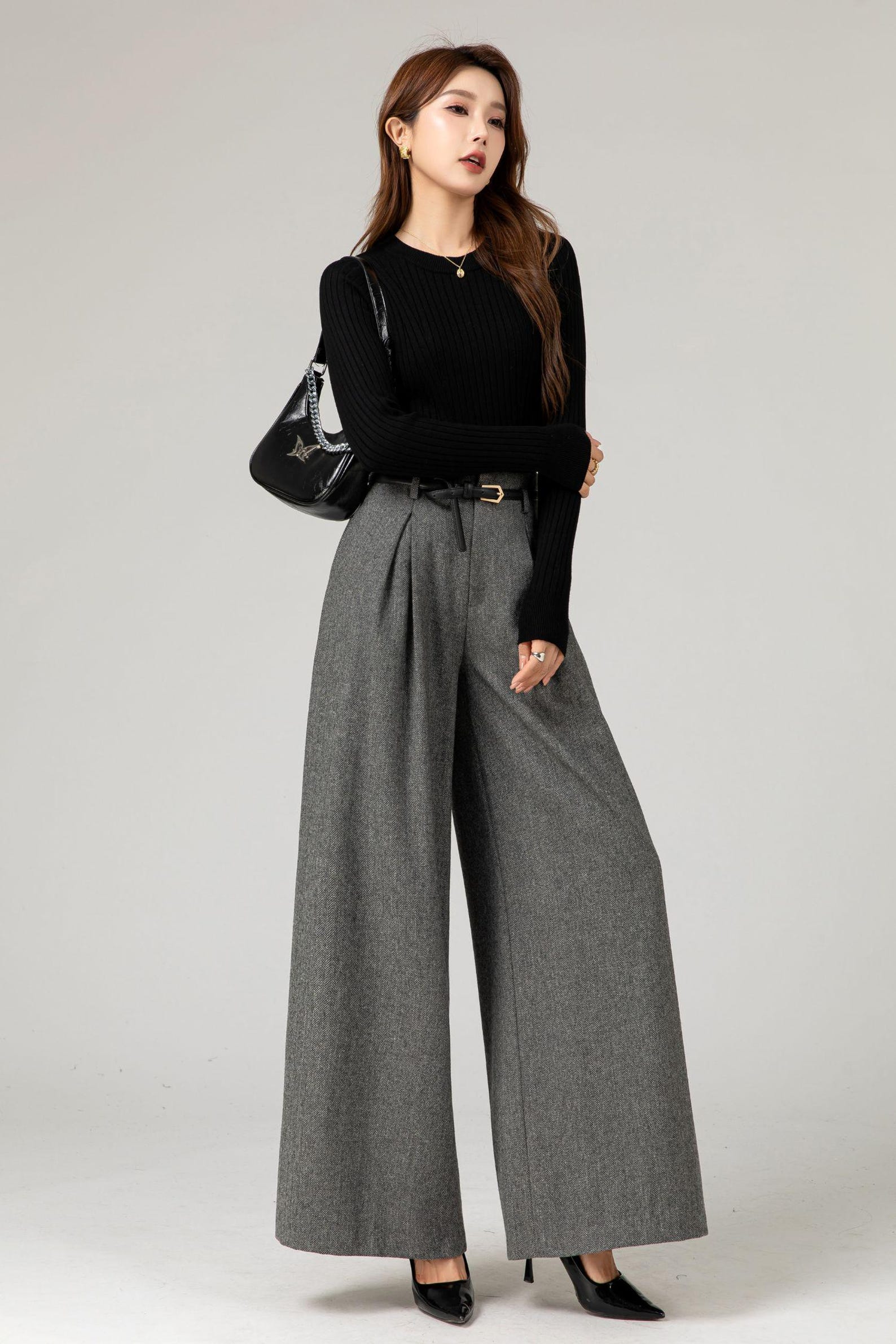 Herringbone Wool Pants, Winter Wool Pants, Wool Wide Leg Pants, Wool ...