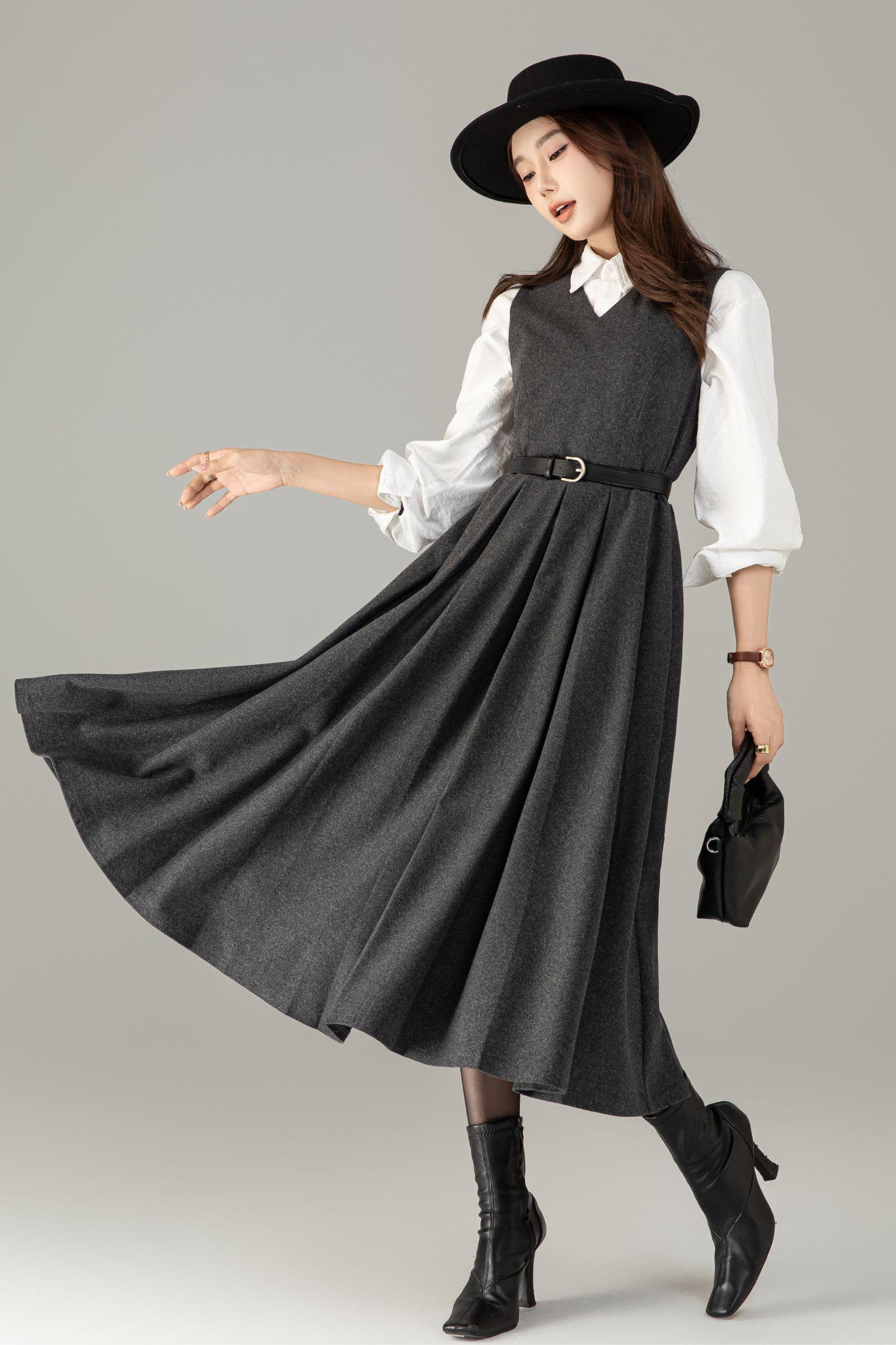 Grey Wool Midi Pinafore Dress: Vintage Style Pleated Jumper, Sleeveless ...