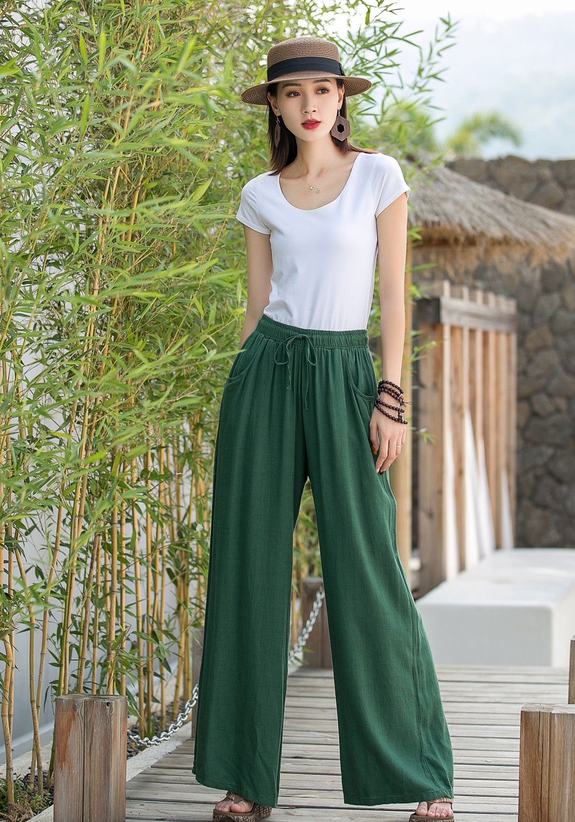 Palazzo Pants Green Casual Pants Elastic Waist Wide Leg Etsy
