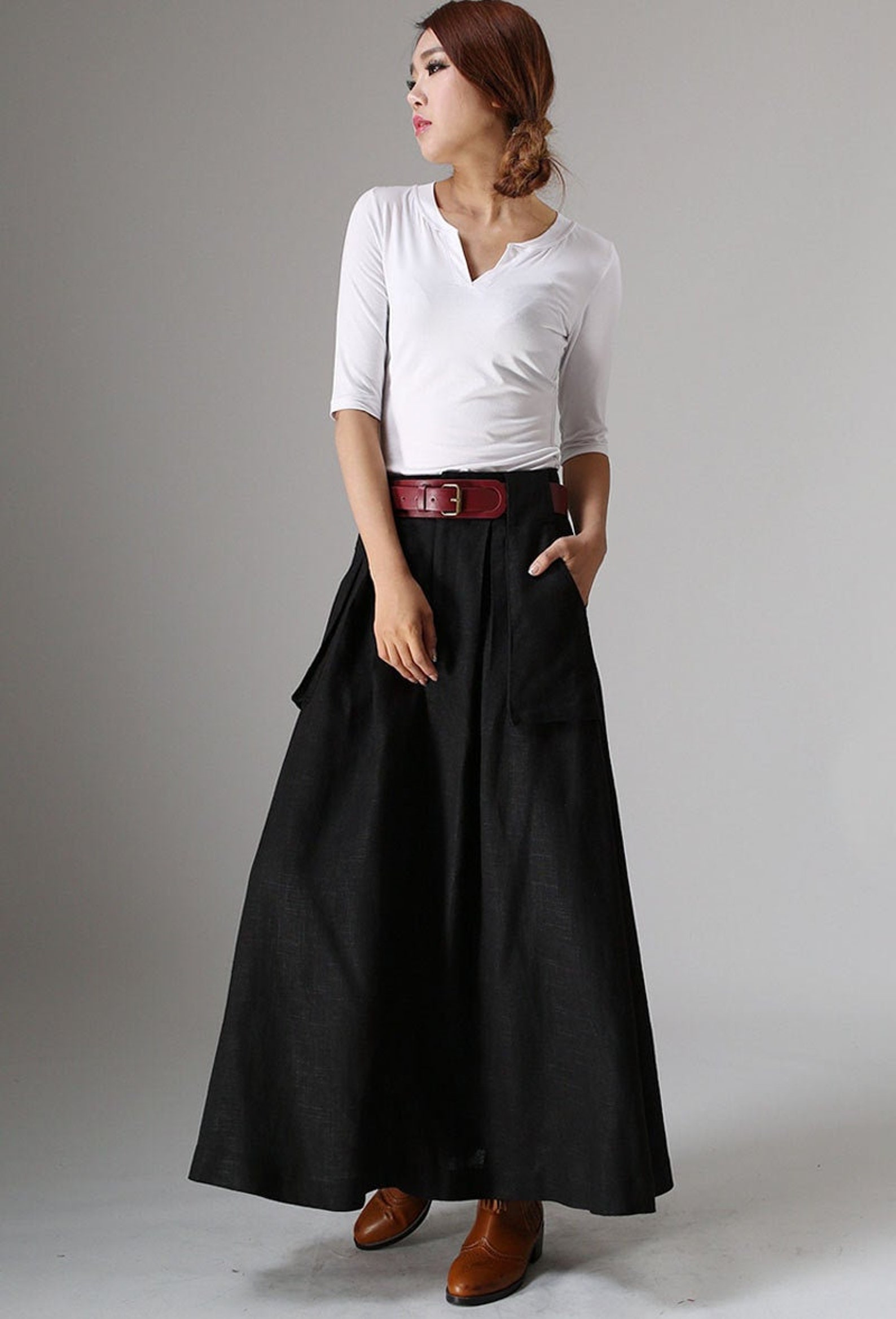 Long Black A Line Skirt, Pockets Skirts, Linen Skirt, Womens Skirts ...