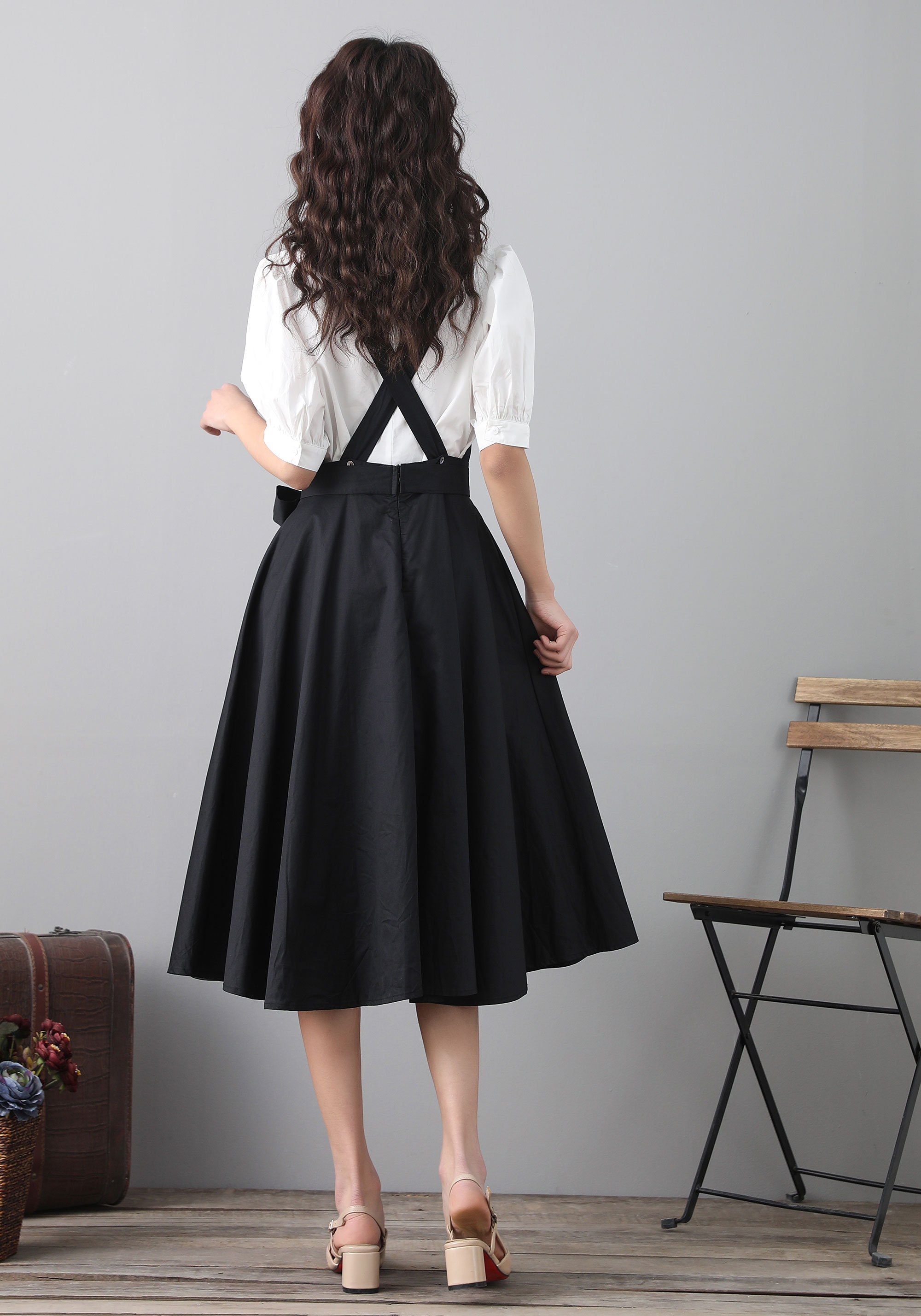 Black Pinafore Dress, Suspender Dress, Midi Dress for Women, Fit and ...