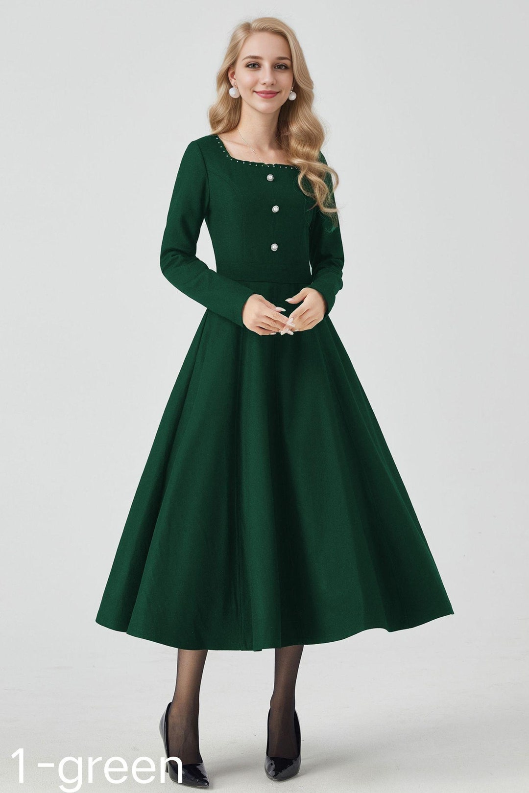Green Wool Dress, Wool Midi Dress, Long Wool Dress, Long Sleeve Wool ...