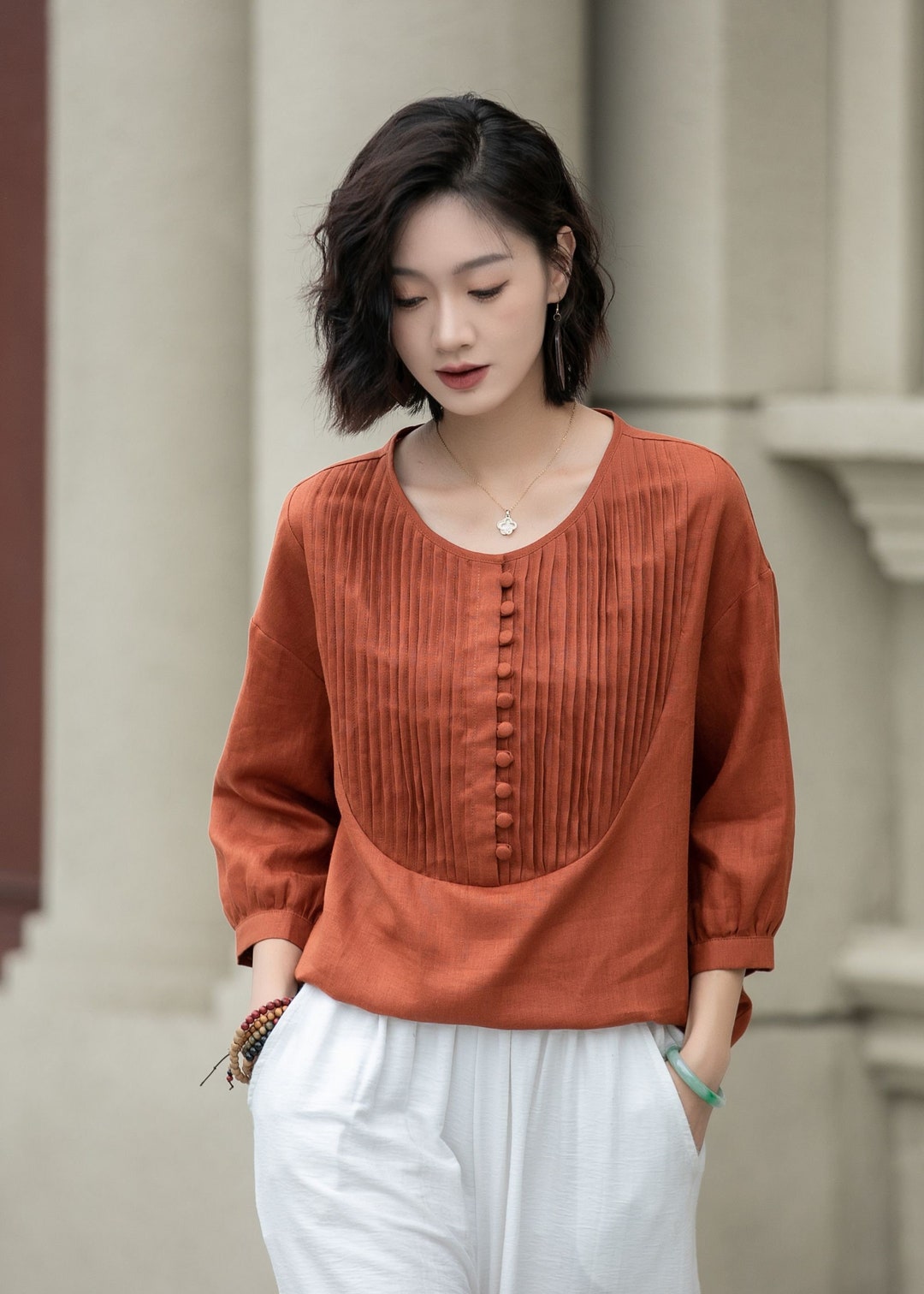 Weekend Outfit, Linen Blouse, Retro Crew Neck Linen Blouses, 3/4 Sleeve ...